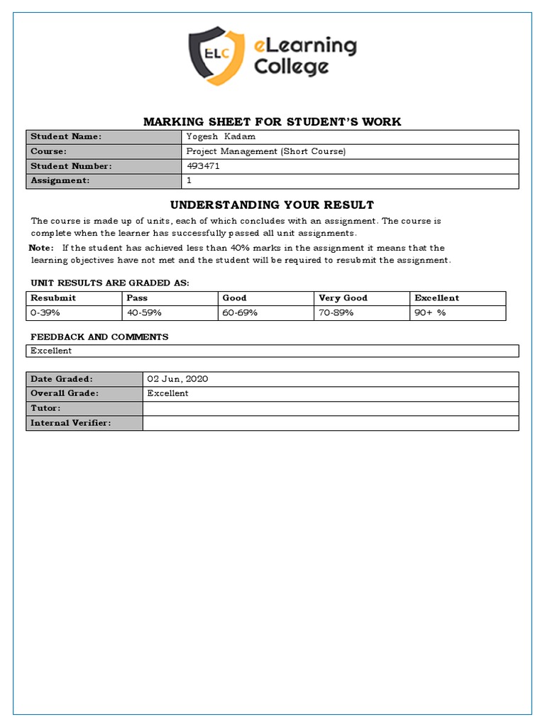 Project Management Short Course Marksheet | PDF