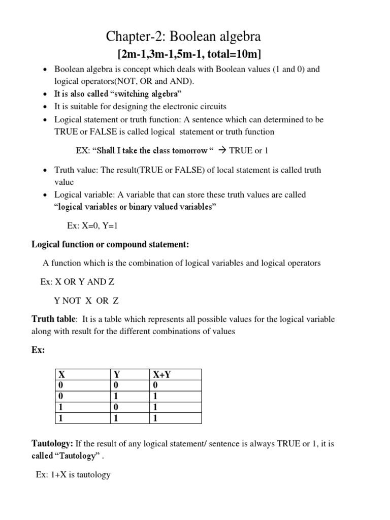 Chapter-2: Boolean Algebra: (2m-1,3m-1,5m-1, Total 10m) | PDF | Logic Gate | Teaching Mathematics