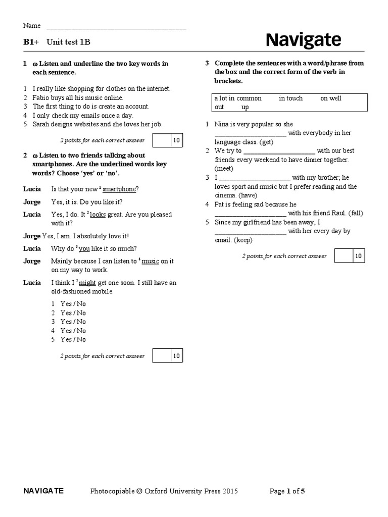 B1+ Unit Test 1B: 2 Points For Each Correct Answer | PDF | E Books | Books
