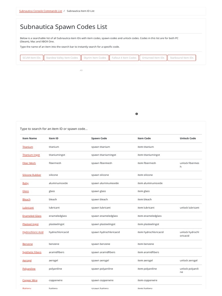 Subnautica Item ID List With Spawn Codes - Subnautica Commands | PDF ...