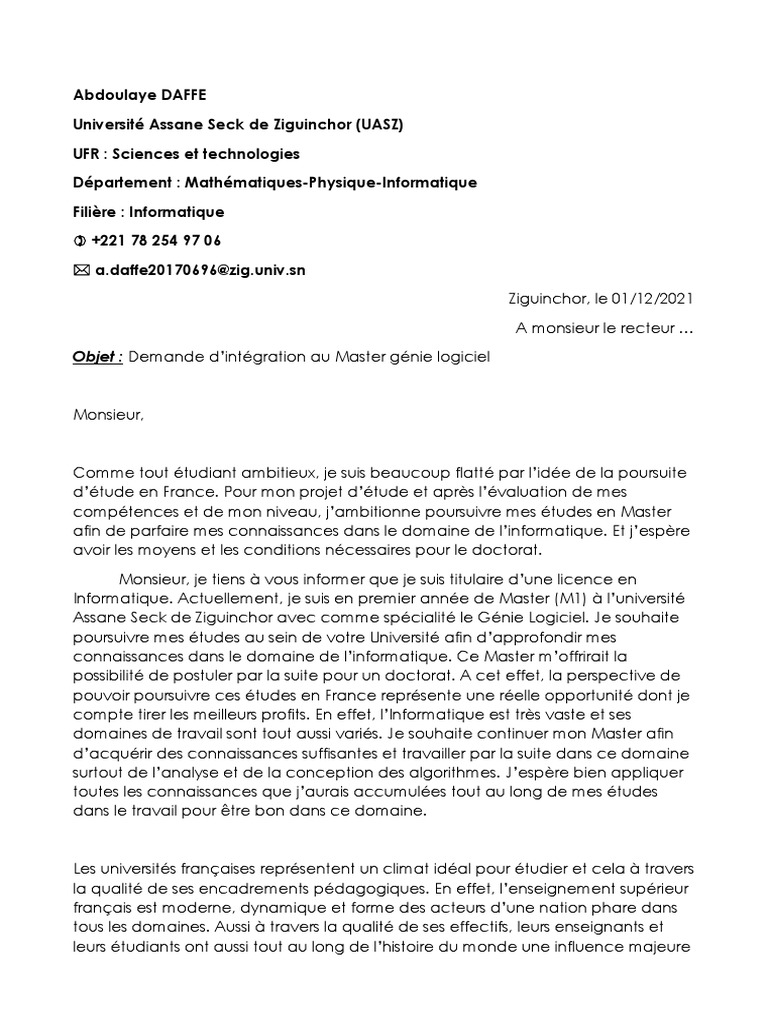 Demande d'intégration au Master Informatique | PDF | Informatique | France