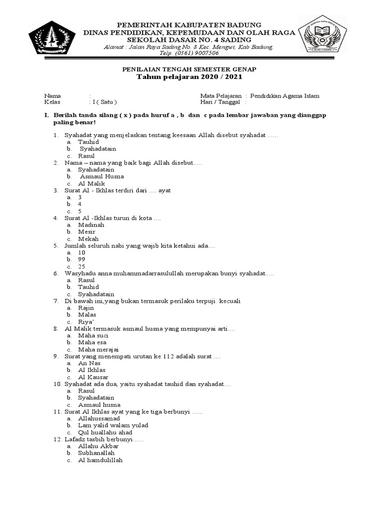 TTS PAI Genap Kls 1 | PDF | Agama & Spiritualitas