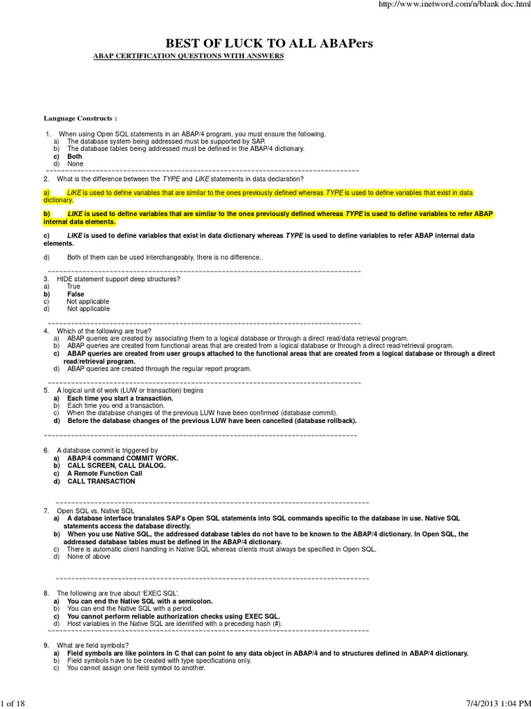 Best of Luck To All Abapers: Abap Certification Questions With Answers | PDF | Database ...
