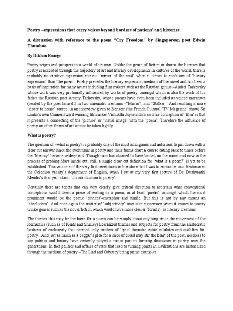 A Commentary On The Poem Cry Freedom by Prof - Edwin Thumboo | PDF | Poetry