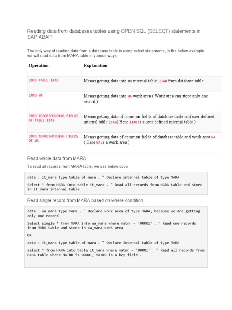Reading Data From Databases Tables Using Open Sql Select Statements In Sap Abap Pdf Table