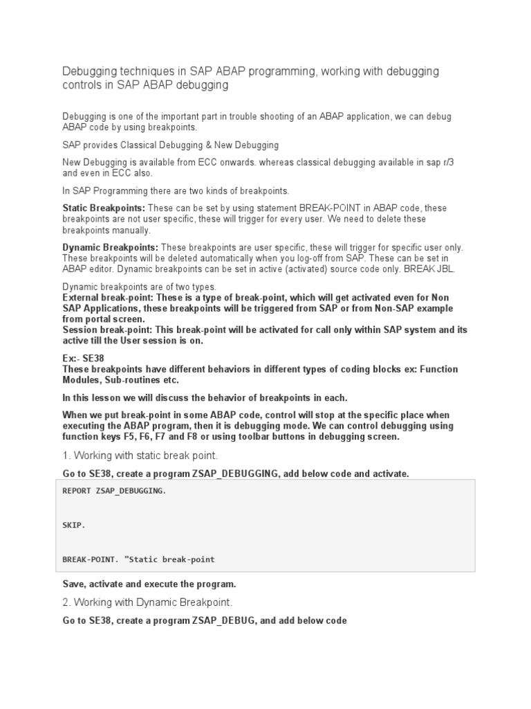 Debugging Techniques in SAP ABAP Programming, Working With Debugging Controls in SAP ABAP ...