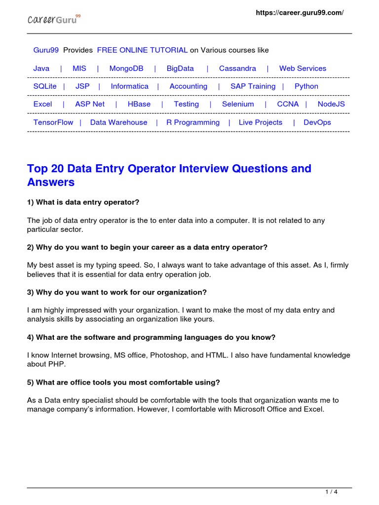 Top 20 Data Entry Operator Interview Questions and Answers | PDF | Data | Computing