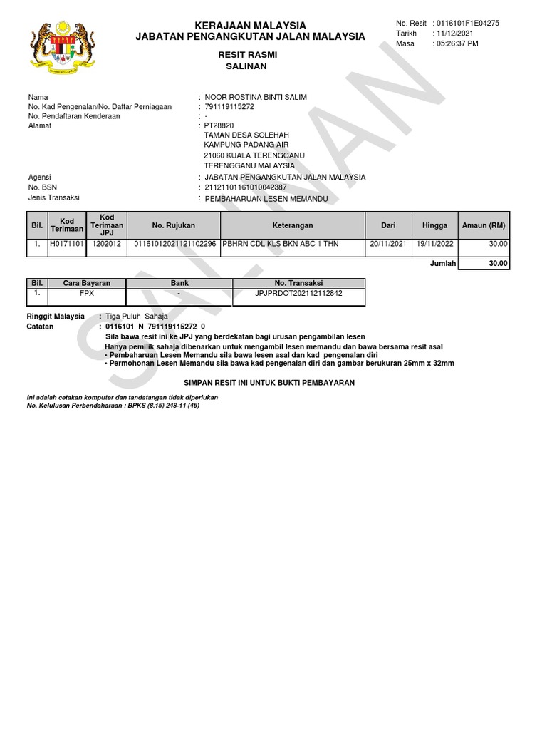 Kerajaan Malaysia Jabatan Pengangkutan Jalan Malaysia: Salinan Resit ...