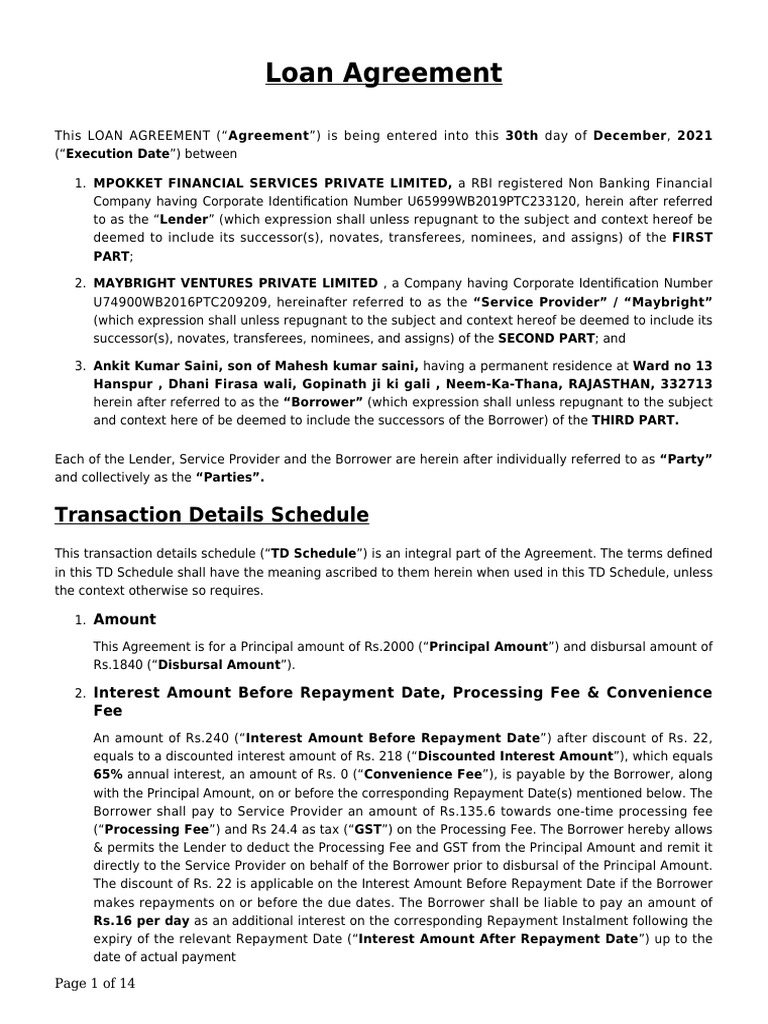 Loan Agreement: Transaction Details Schedule | PDF | Loans | Arbitration