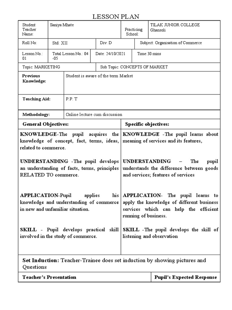 Lesson Plan No 01 Alpita Dharsania Concept of Market and Types of ...