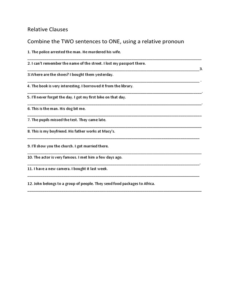 Relative Clauses Combine The TWO Sentences To ONE, Using A Relative ...