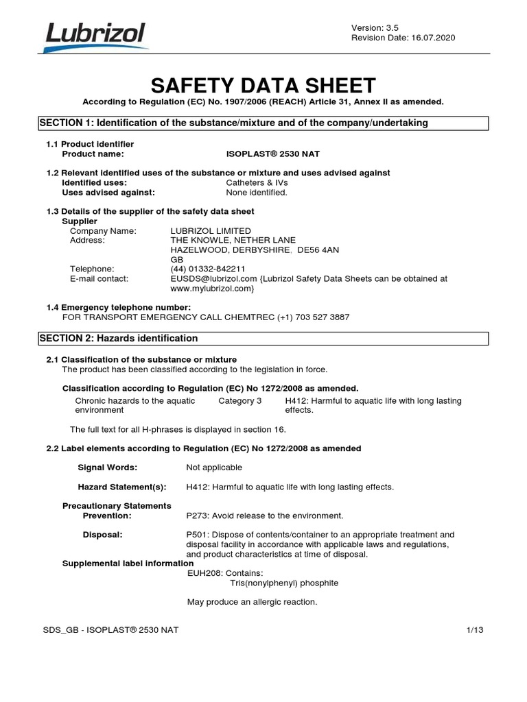 Safety Data Sheet: SECTION 1: Identification of The Substance/mixture and of The Company ...