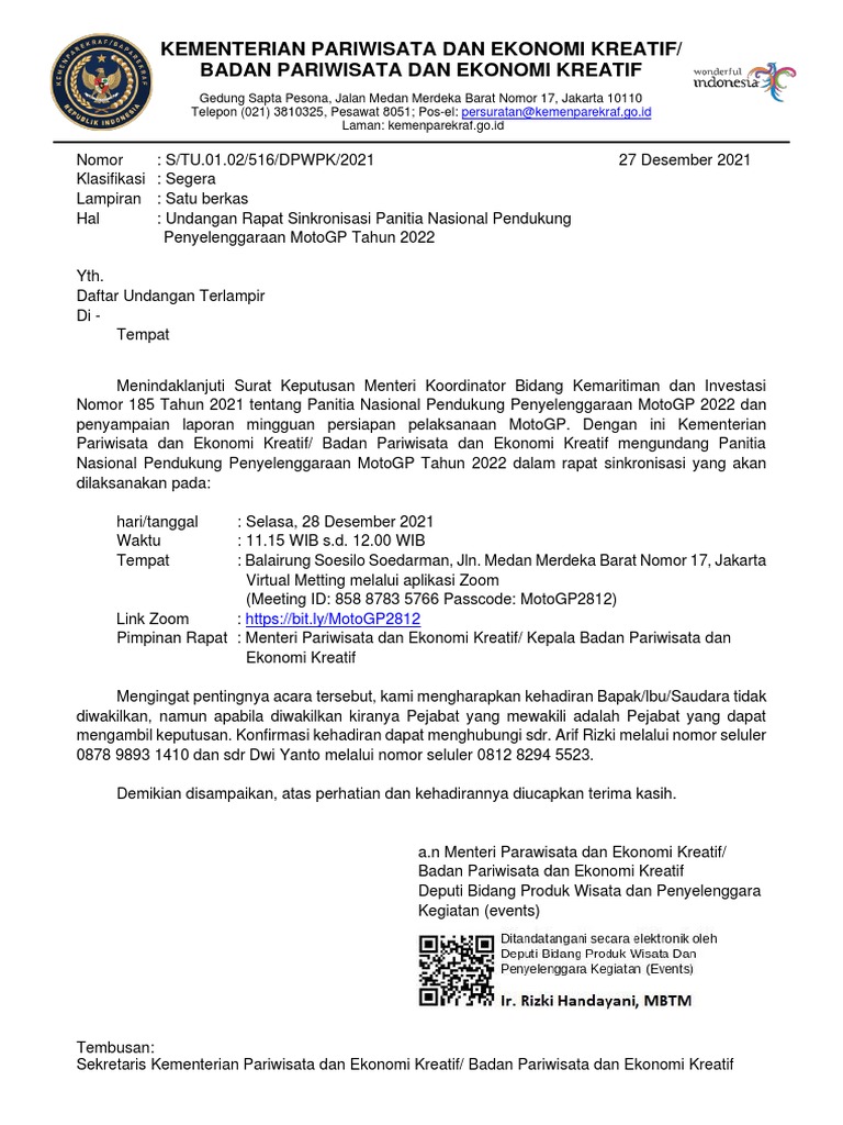 Surat Undangan Rakor Panitia Pusata MotoGP 2022 - 1 | PDF