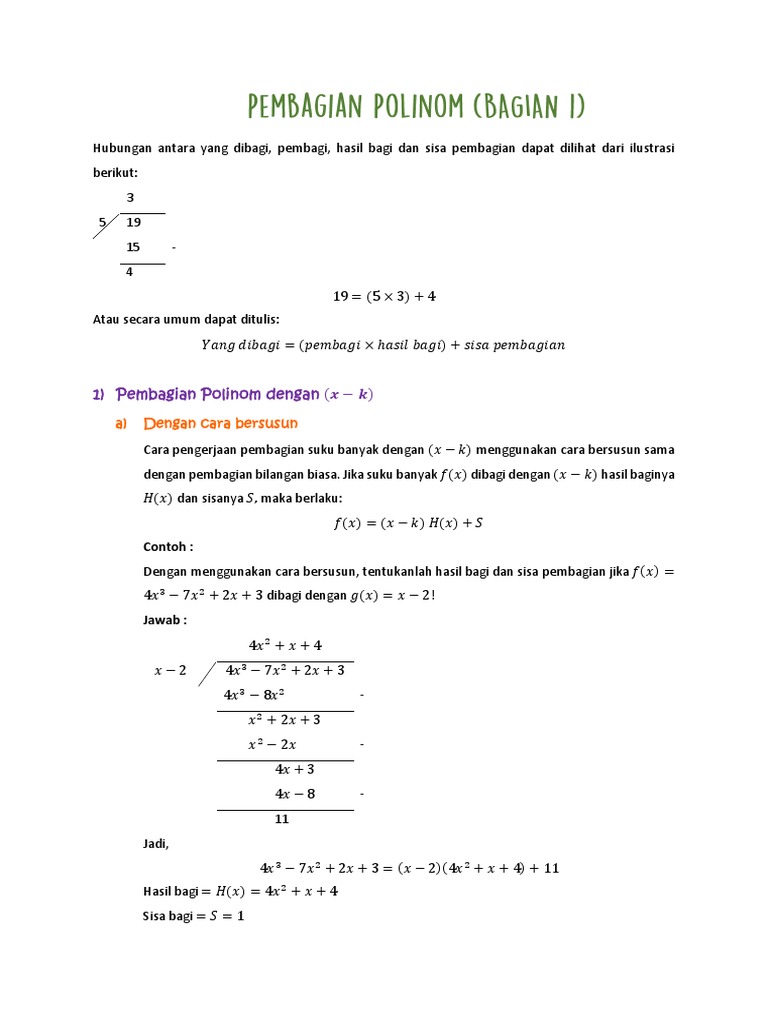 Materi Dan Contoh Soal Pembagian Polinom (Bagian 1) | PDF