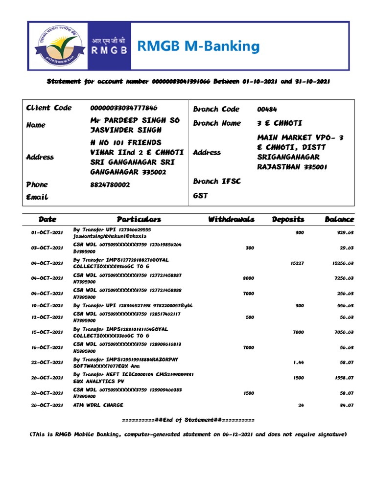 Oct Statement | PDF | Banking | Service Industries