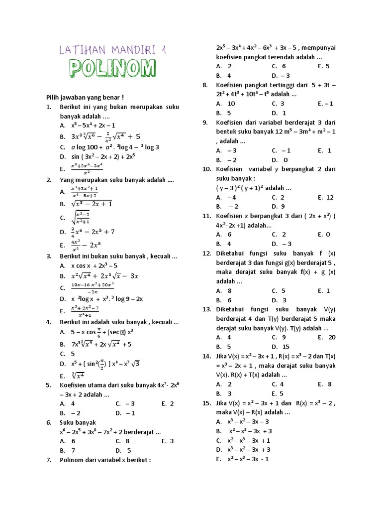 Latihan Mandiri 1 (Pengertian, Kesamaan, Dan Operasi Polinom) | PDF