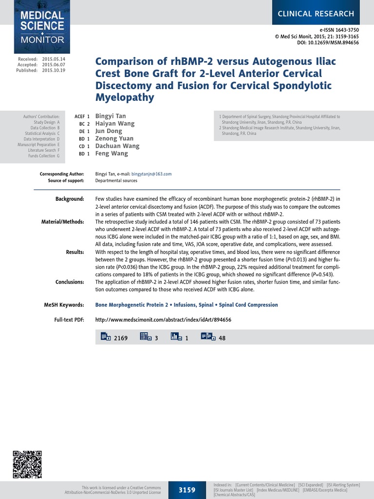 Comparison of Rhbmp-2 Versus Autogenous Iliac Crest Bone Graft For 2 ...