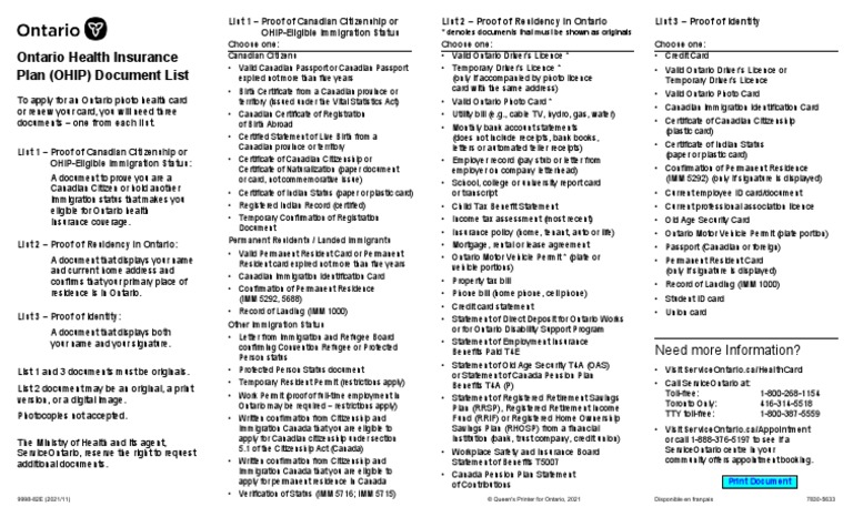 Ontario Health Insurance Plan (OHIP) Document List: Choose One ...