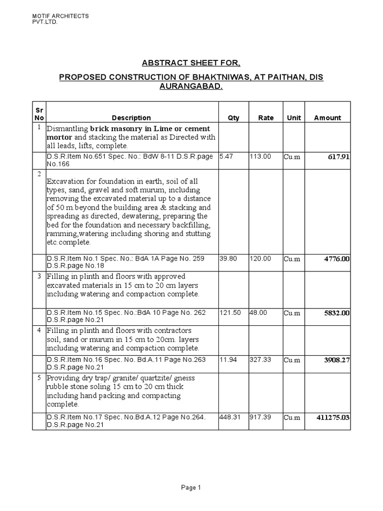 Abstract Sheet For, Proposed Construction of Bhaktniwas, at Paithan ...