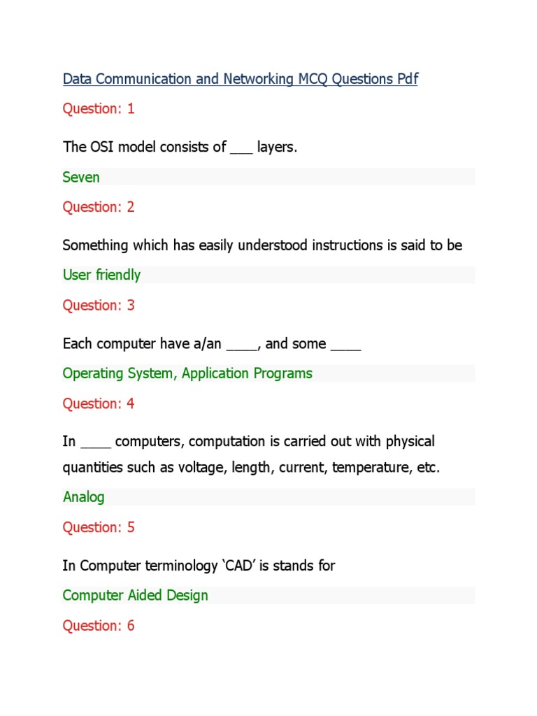 Data Communication and Networking MCQ Questions PDF: Seven | PDF
