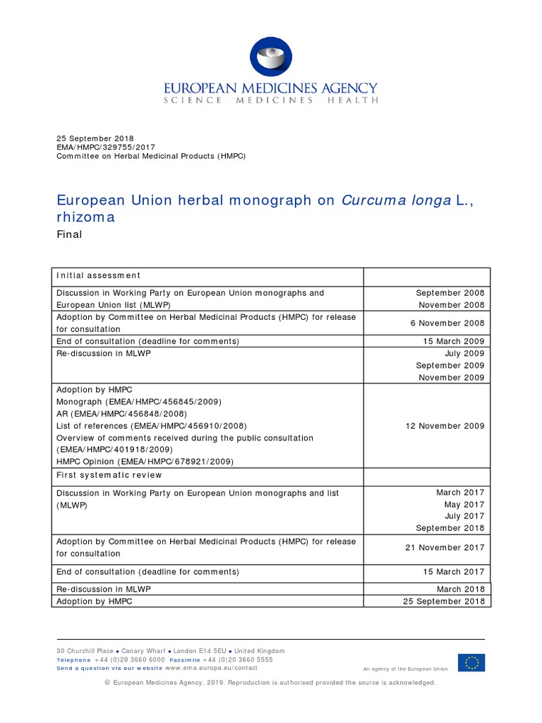 Final European Union Herbal Monograph Curcuma Longa L Rhizoma Revision ...