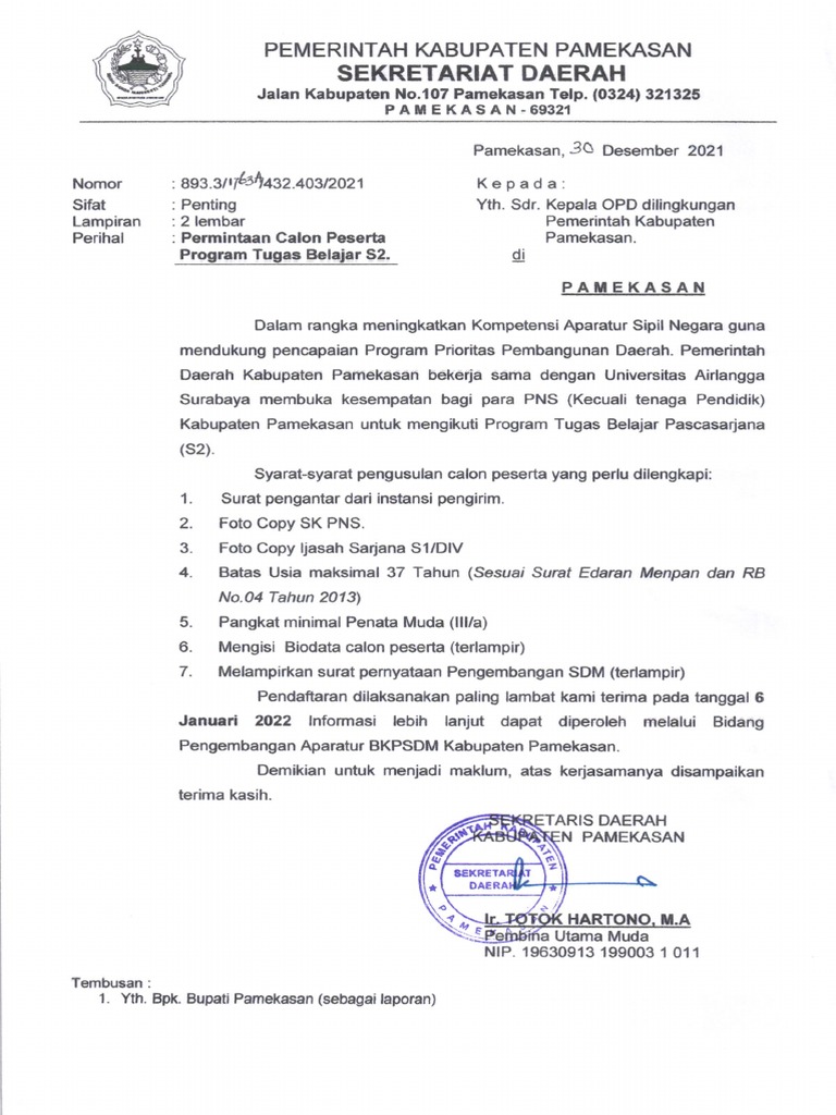 Permintaan Calon Peserta Program Tugas Belajar S2 | PDF