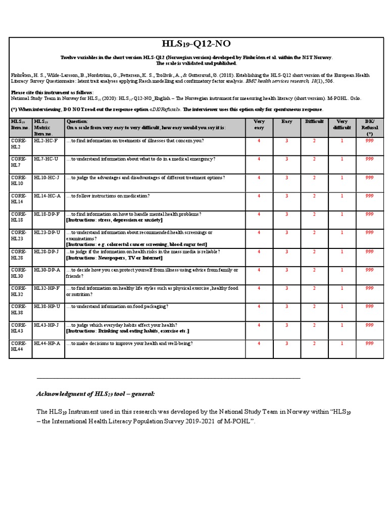 HLS19-Q12: Norwegian Health Literacy Tool | PDF | Psychological ...