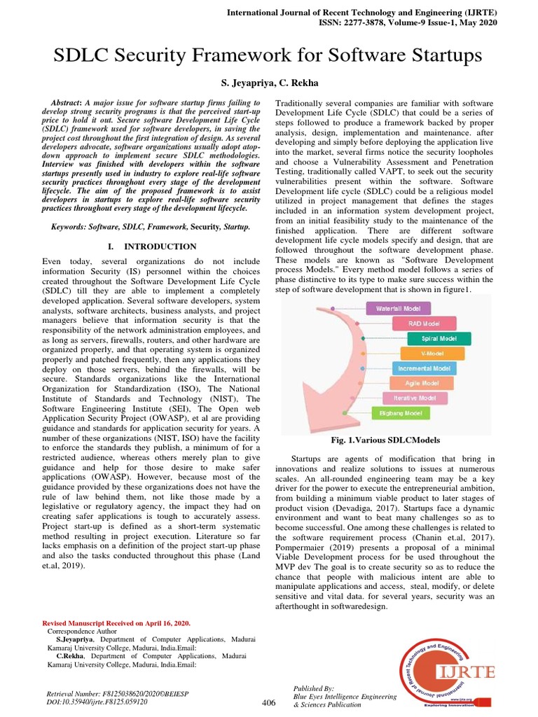 SDLC Security Framework For Software Startups: S. Jeyapriya, C. Rekha ...