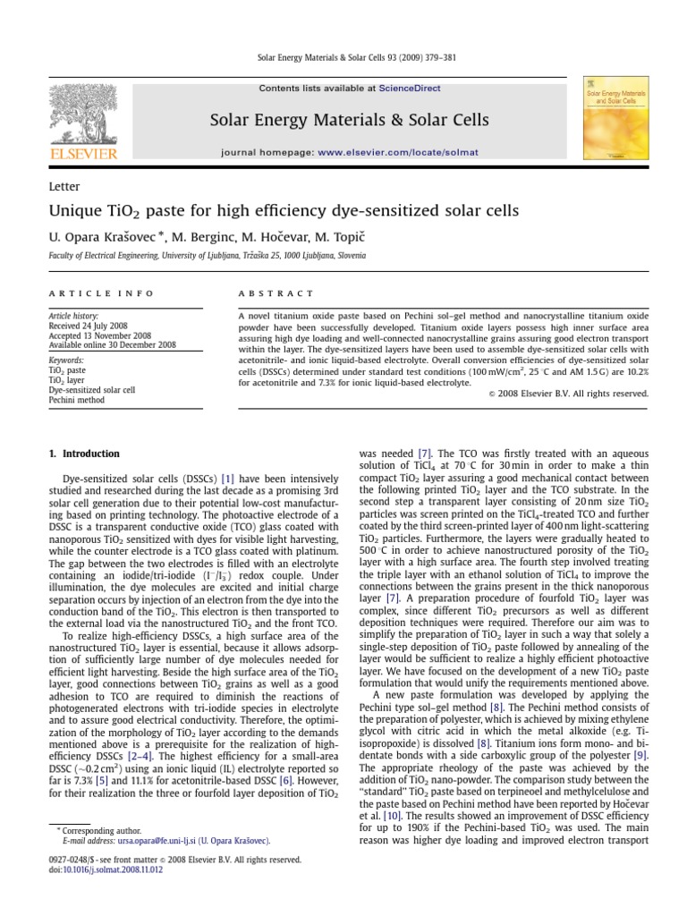 Unique TiO2 Paste For High Efficiency Dye-Sensitized Solar Cells | PDF ...