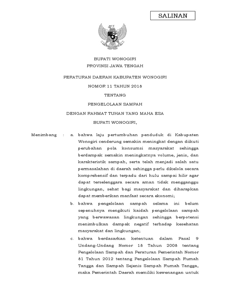 Perda Kab Wonogiri 11 2018 Pengelolaan Sampah | PDF