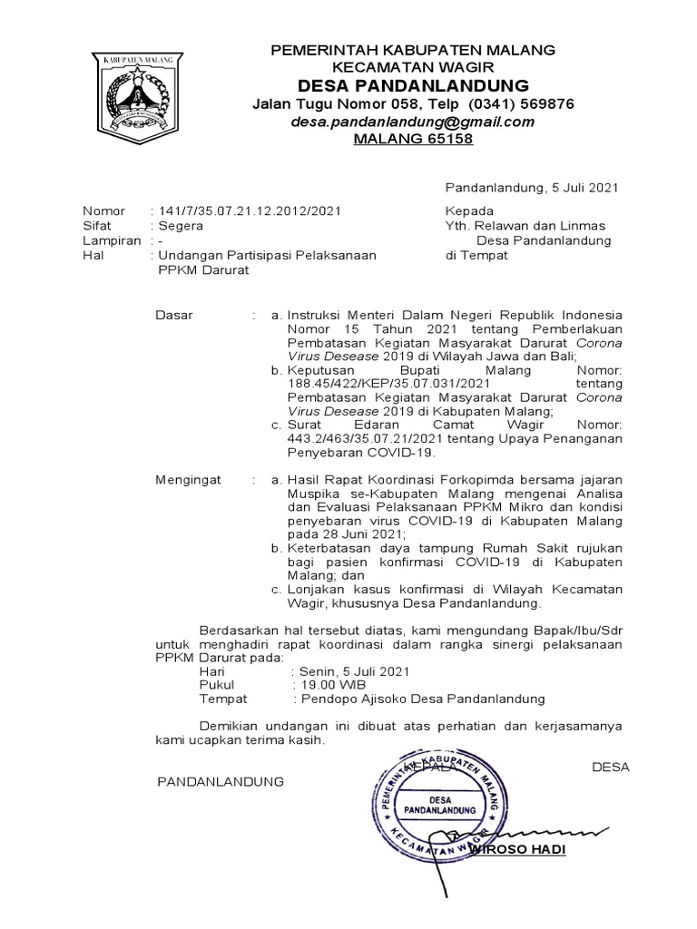 Undangan Rapat PPKM Darurat Desa | PDF