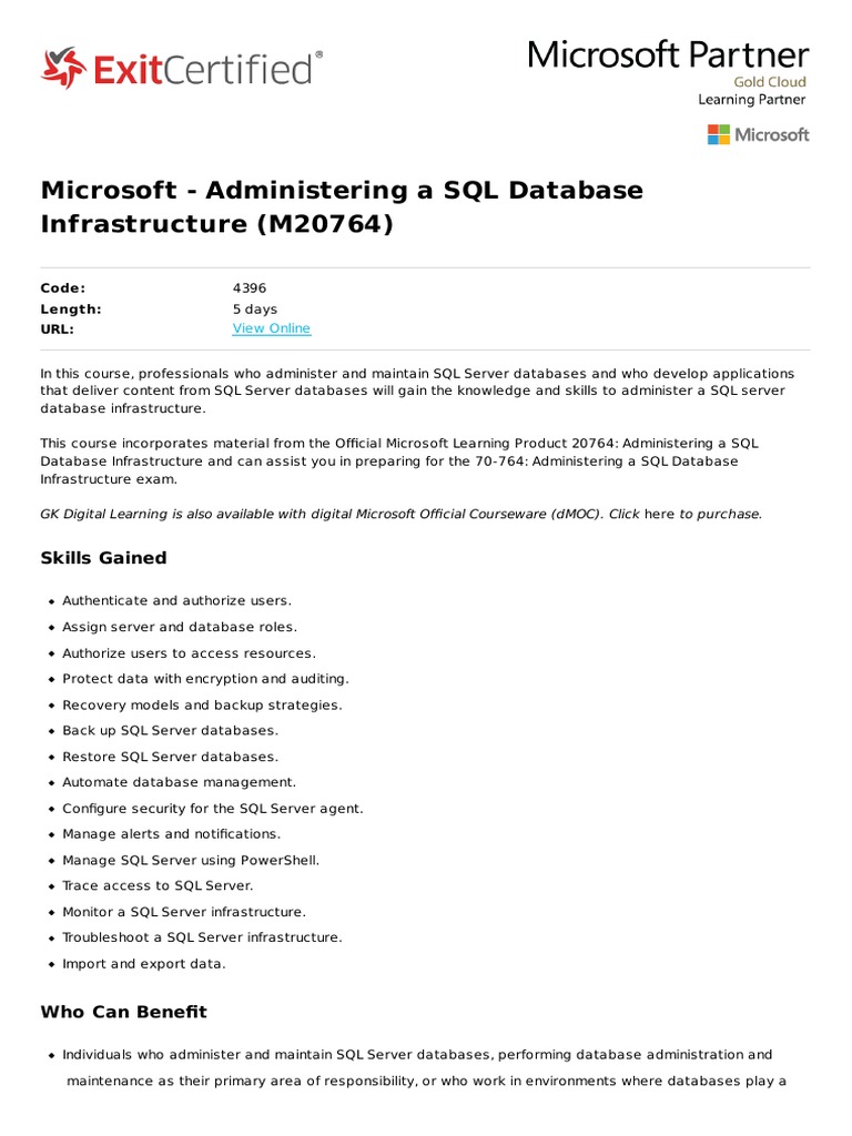 Microsoft - Administering A SQL Database Infrastructure (M20764) | PDF