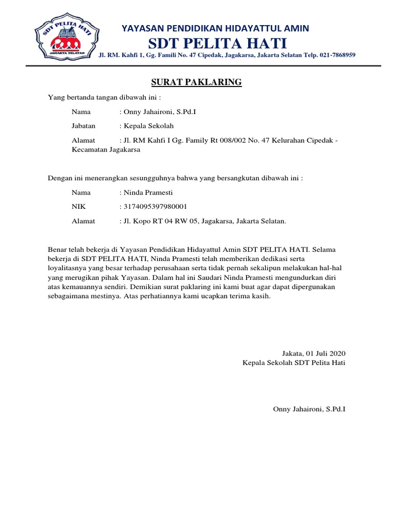 Surat Paklaring Ninda | PDF