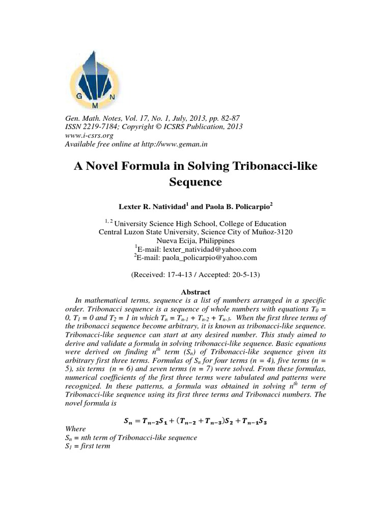 A Novel Formula in Solving Tribonacci Like Sequence | PDF | Mathematics ...