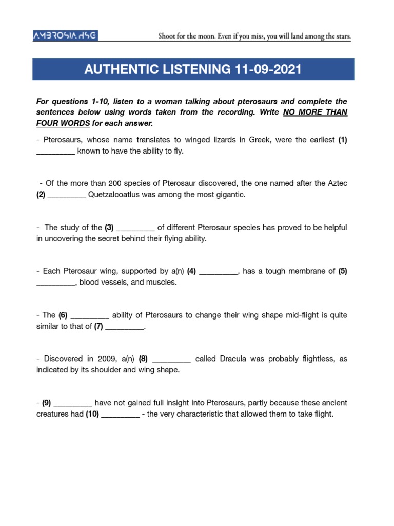 Pterosaur Listening Exercise Guide | PDF