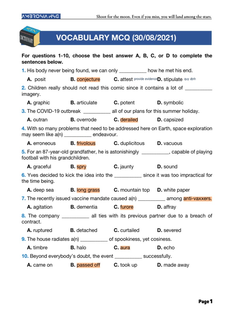 Vocabulary MCQ 30-8-2021 | PDF