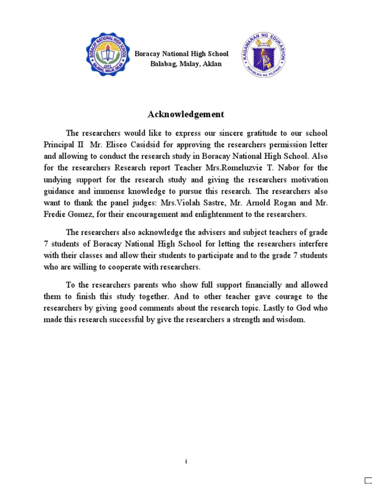 Acknowledgement: Boracay National High School Balabag, Malay, Aklan | PDF | Cognition ...