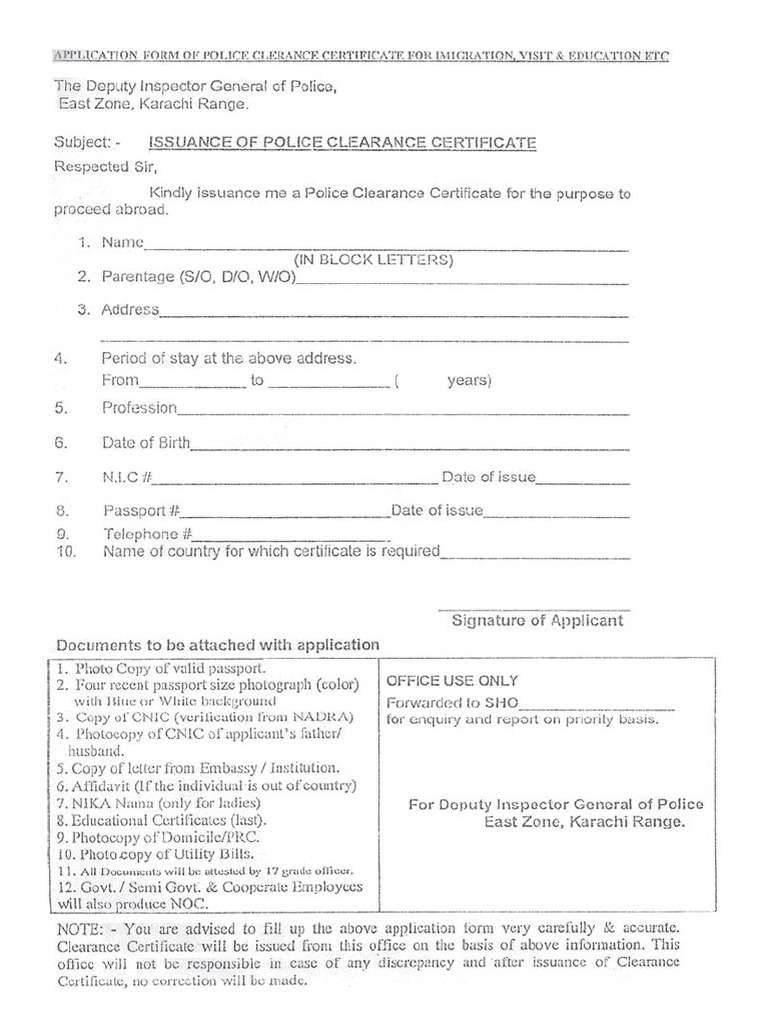 Police Character Certificate Form Karachi Pdf