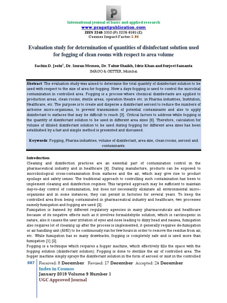 Evaluation Study For Determination of Quantities of Disinfectant ...