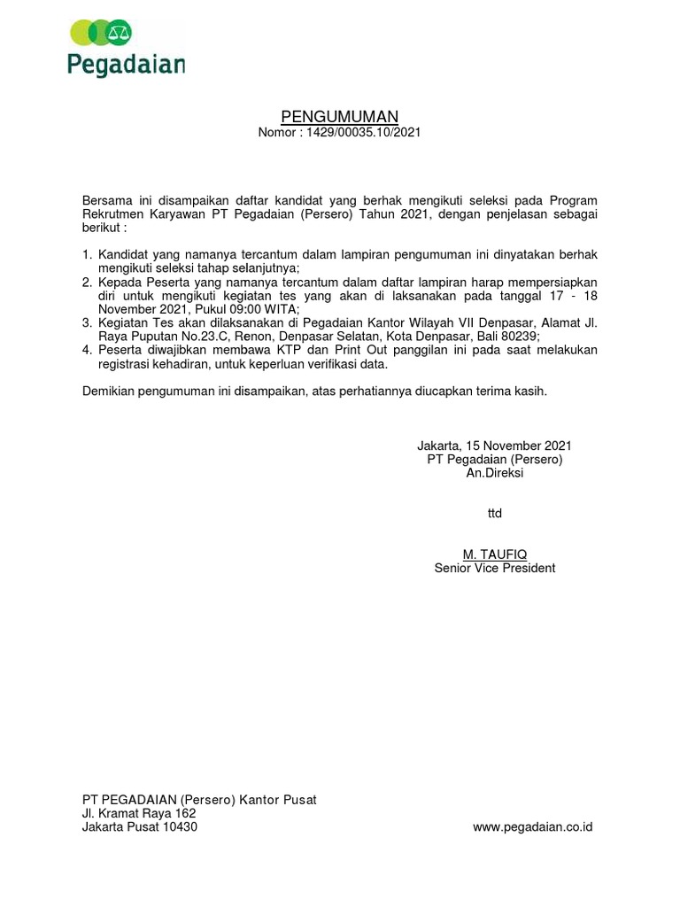 Pengumuman PT Pegadaian (Persero) | PDF