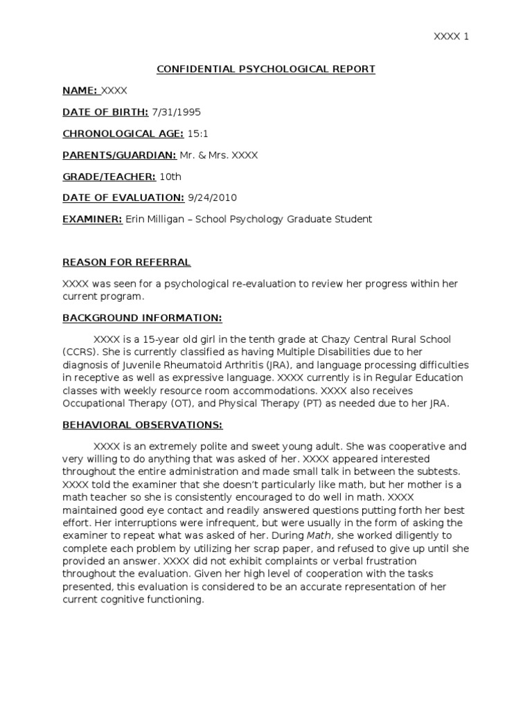 Confidential Psychological Report | PDF | School Psychology | Percentile