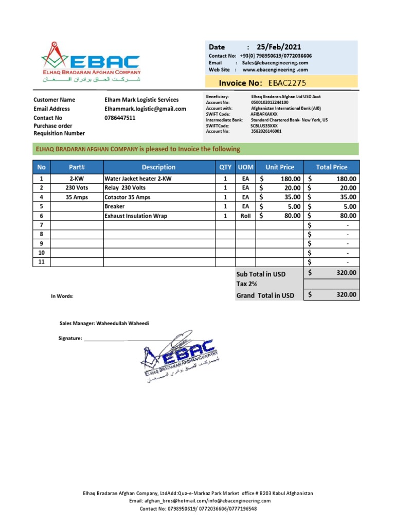 Elham Mark Logistic - Invoice No EBAC2275 | PDF | Service Industries ...