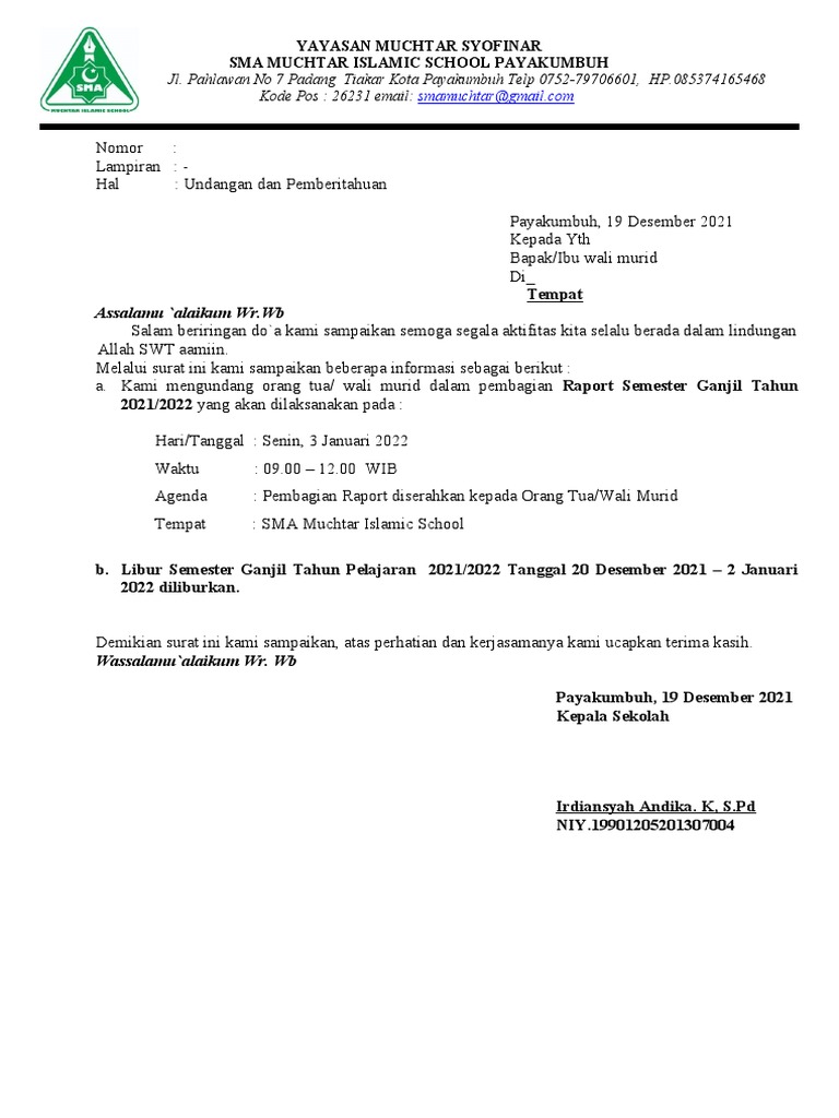 Surat Pembagian Raport Dan Libur | PDF Surat Pembagian Raport Dan Libur | PDF