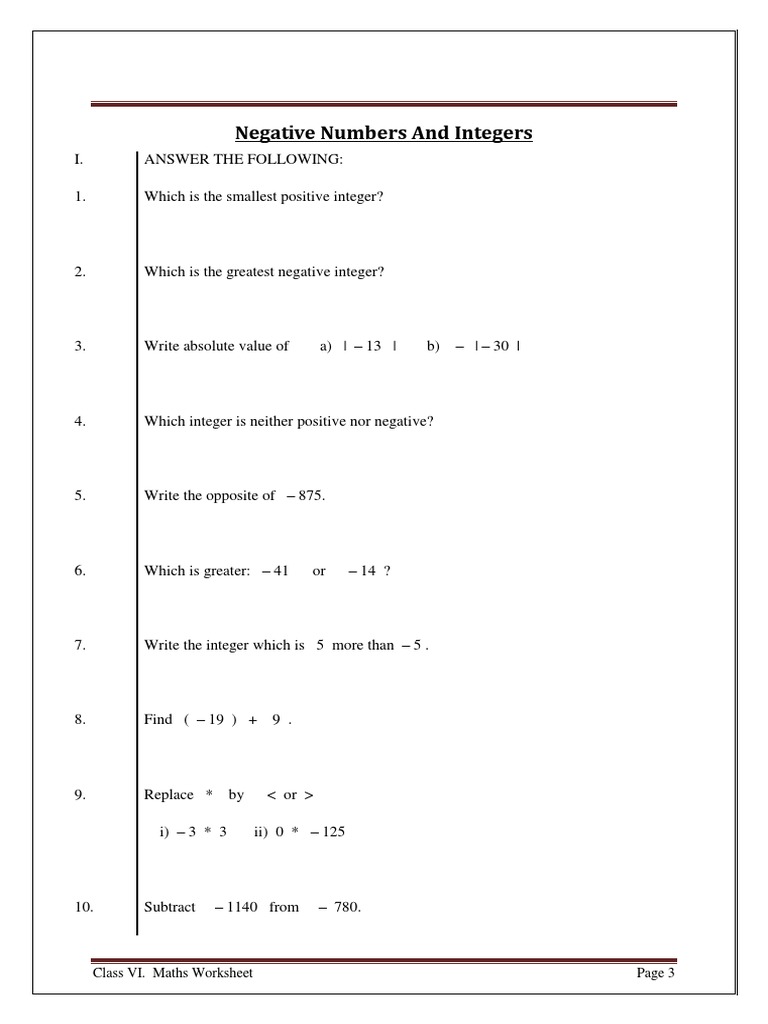 Class 6 Worksheet: Negative Numbers | PDF | Integer | Numbers