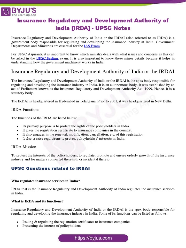 Insurance Regulatory and Development Authority of India (IRDA) - UPSC ...