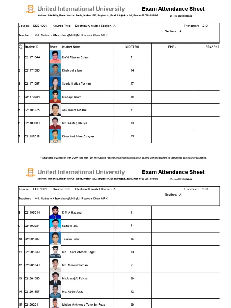 United International University: Exam Attendance Sheet | PDF | Bangladesh