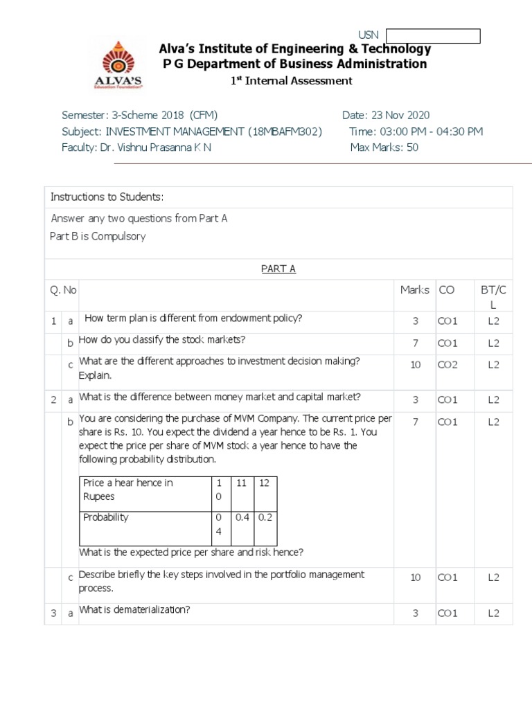 Investment Management VTU Question Papers | PDF | Stocks | Option (Finance)