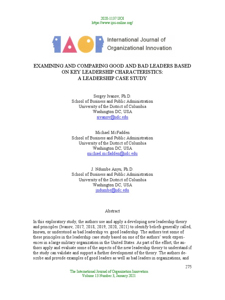 Examining and Comparing Good and Bad Leaders Based On Key Leadership ...