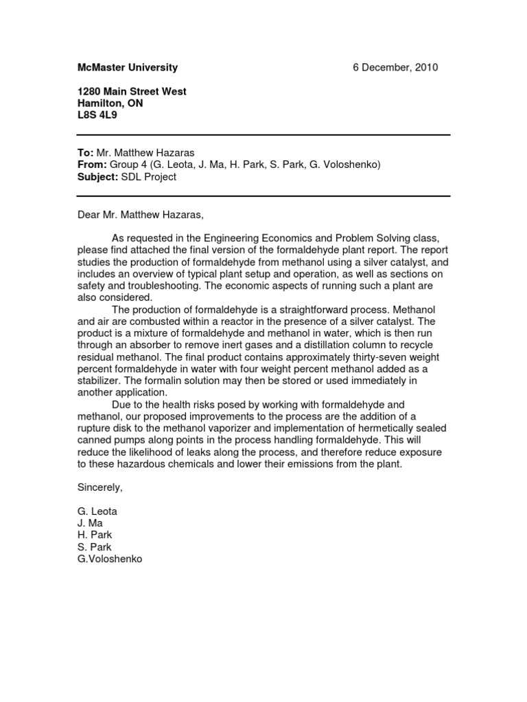 Formaldehyde Production from Methanol | PDF | Formaldehyde | Chemical ...