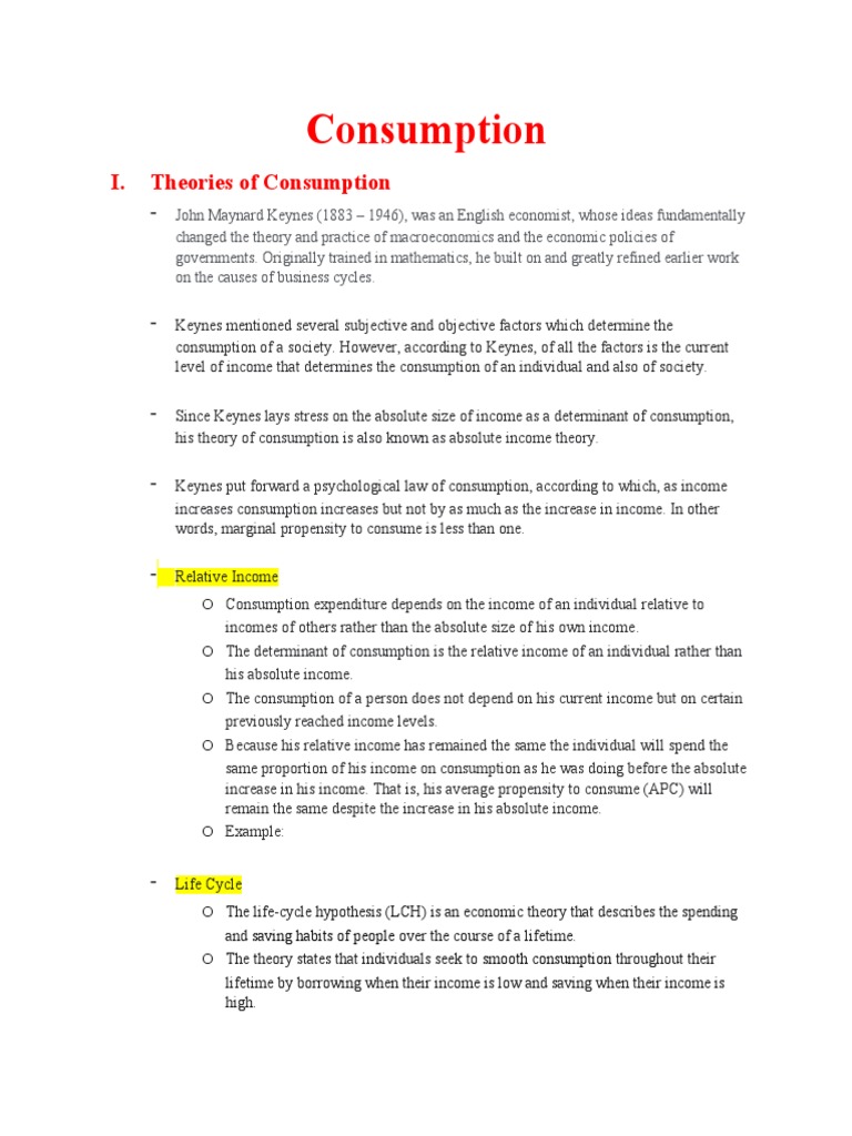 Consumption I Theories Of Consumption Pdf Consumption Economics